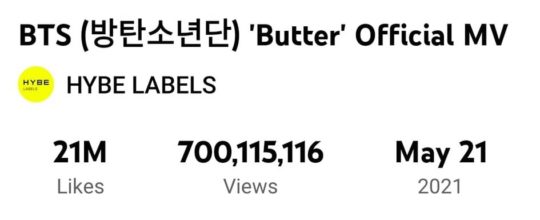 BTS’s “Butter” Becomes Their 10th MV To Hit 700 Million Views | Soompi