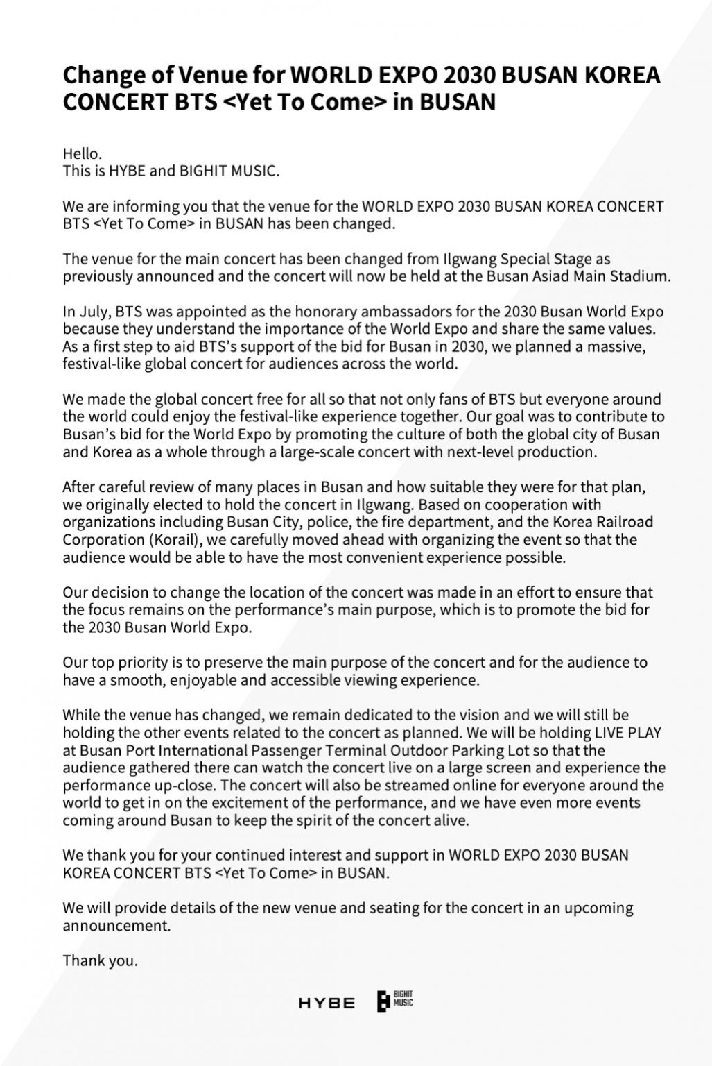 Big Hit Music Announces BTS's Global Concert In Busan Will Be Taking ...